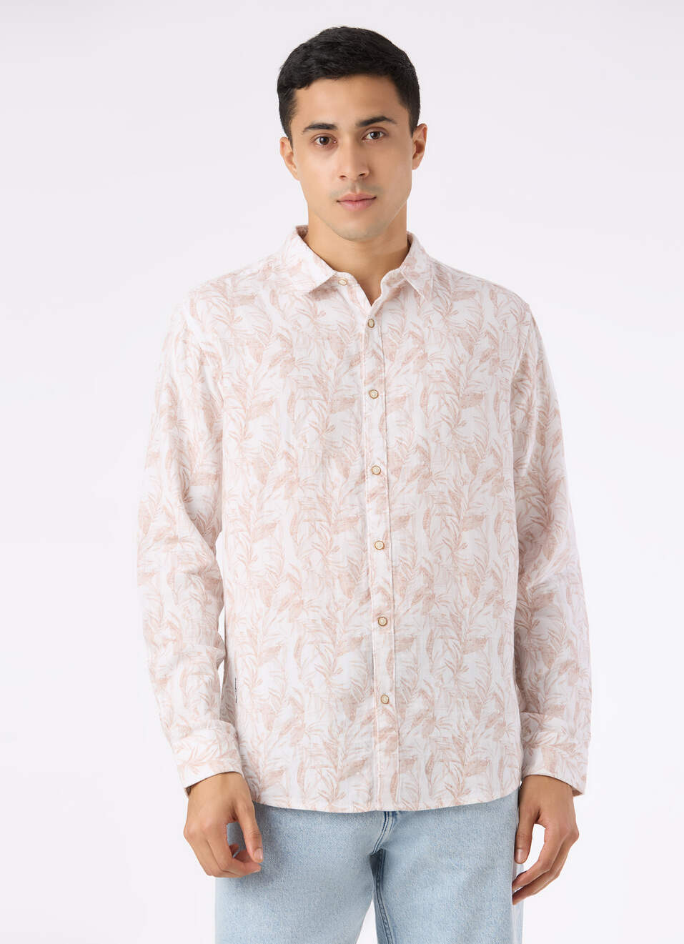 Men Peach Botanical Leaf Print Full Sleeve Shirt | Pepe Jeans India