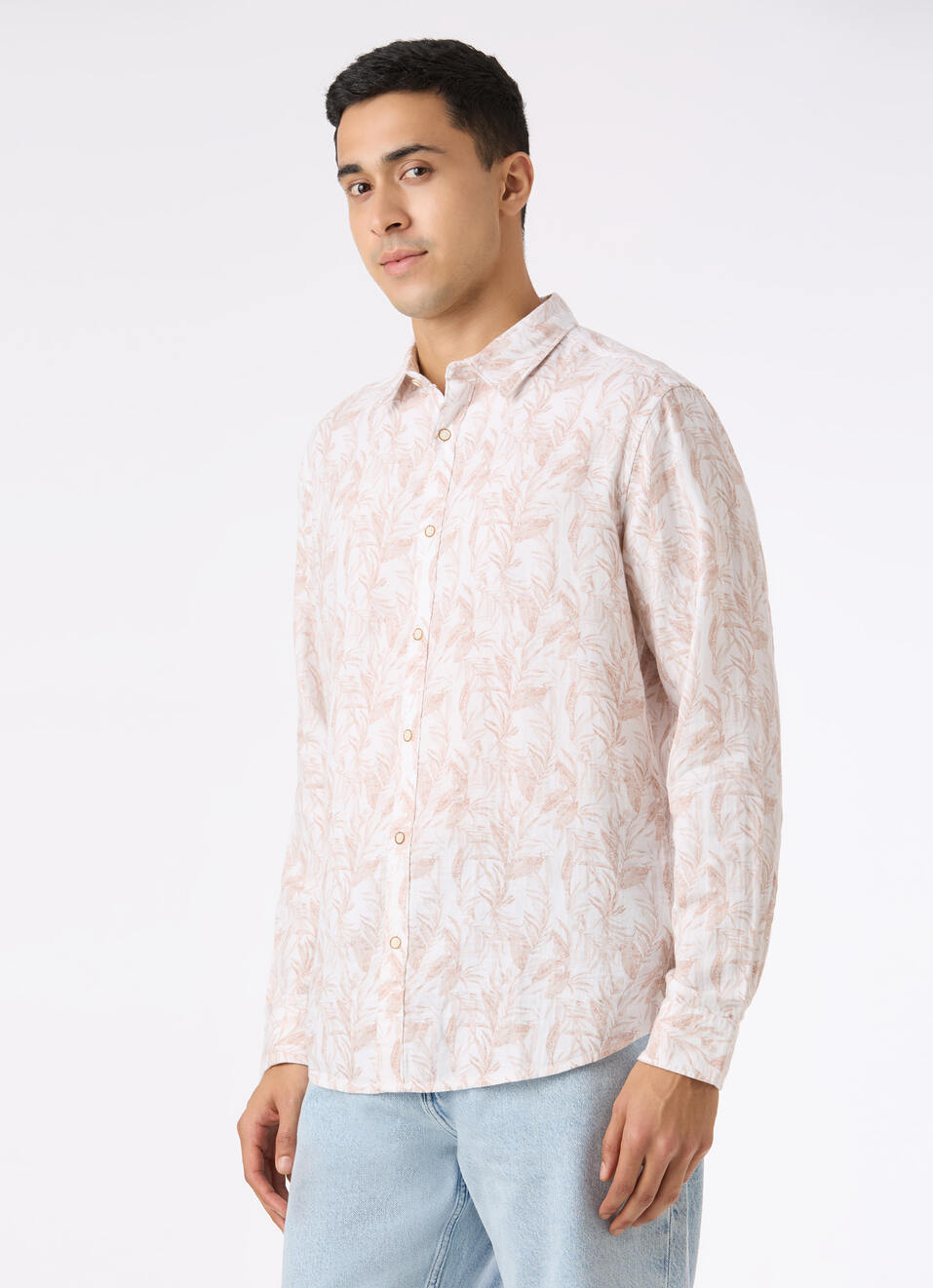 Men Peach Botanical Leaf Print Full Sleeve Shirt | Pepe Jeans India